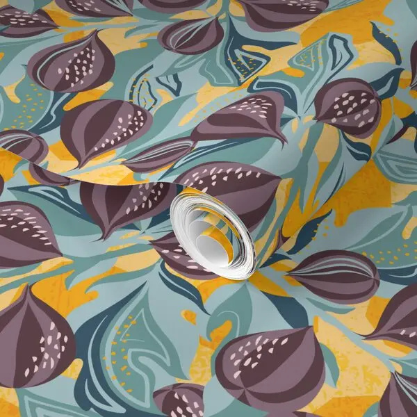 Spoonflower Figs Blue Yellow Nature Purple Colourful Summer Custom Pre-pasted Wallpaper - Green,purple,gray
