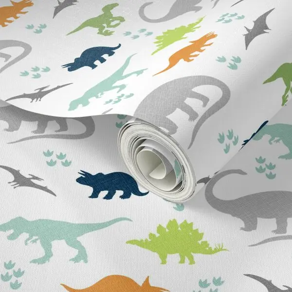 Spoonflower Dinosaurs Orange Grey Mint Navy Dino Prints Traditional Wallpaper - Green,gray,blue