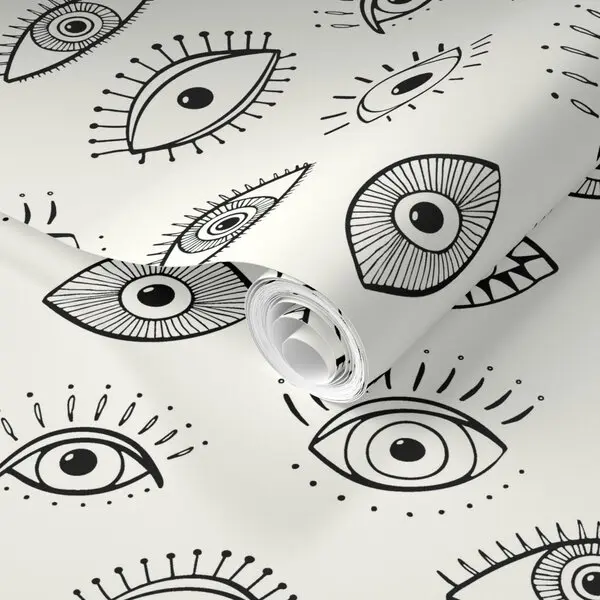 Spoonflower Black White Modern Symbol Hand Drawn Eyes Custom Pre-pasted Wallpaper - Black,white,gray