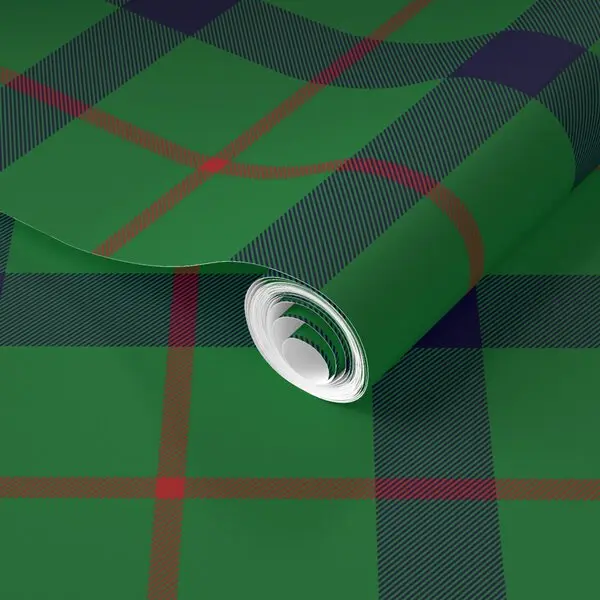 Spoonflower Green Blue Plaid Red Navy Tartan Scottish Custom Pre-pasted Wallpaper - Green,purple,brown