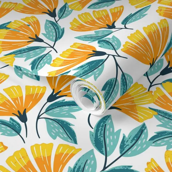 Spoonflower Spring Flowers Illustration Springtime Flora Fauna Custom Removable Wallpaper - Gold,blue,mint