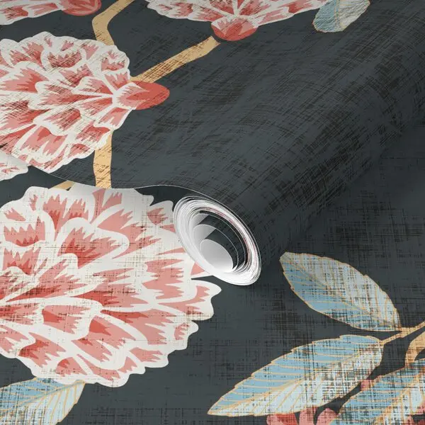 Spoonflower Flower Bloom Floral Petal Leaf Garden Linen Custom Removable Wallpaper - Black