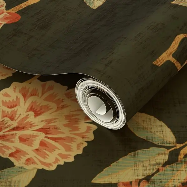 Spoonflower Flower Bloom Floral Petal Leaf Garden Linen Custom Removable Wallpaper - Black
