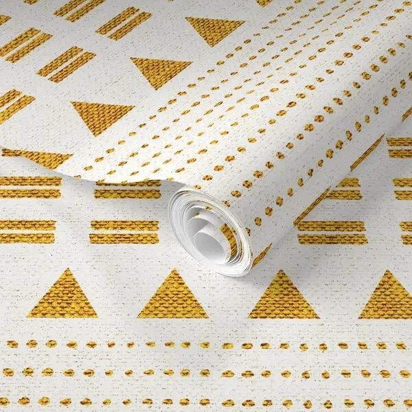 Spoonflower Bohemian Mustard Yellow Tribal Modern Farmhouse Custom Pre-pasted Wallpaper - White,yellow,beige