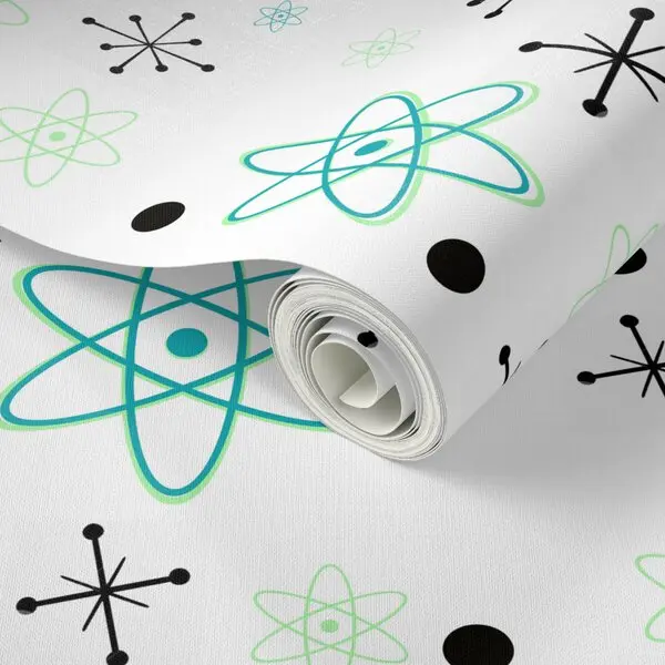 Spoonflower Atomic Stars Black Turquoise 1950s Mod Mid Century Custom Removable Wallpaper - Black,blue,green
