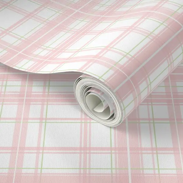 Spoonflower Tartan Shabby Chic Pink And Green White Traditional Wallpaper - Pink,gray