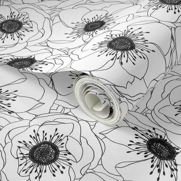 Spoonflower White Black Floral Illustration Flowers Poppy Traditional Wallpaper - Black,white,gray