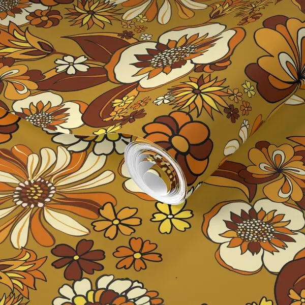 Spoonflower Vintage Retro Hippie 70s 60s Mustard Mid Century Custom Pre-pasted Wallpaper - Orange,brown,beige
