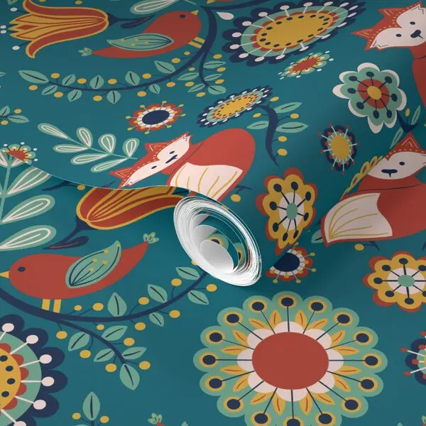 Spoonflower Foxes Scandinavian Teal Fox Turquoise Orange Cute Custom Removable Wallpaper - Blue,orange,brown