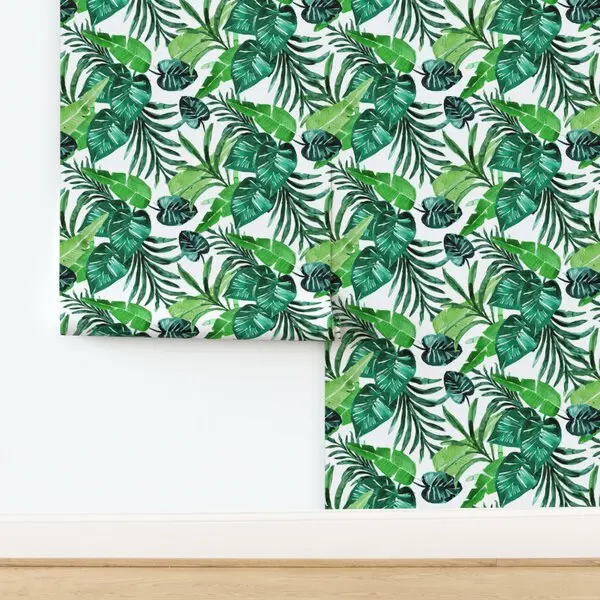 Spoonflower Tropical White Leaves Palm Monstera Jungle Custom Pre-pasted Wallpaper