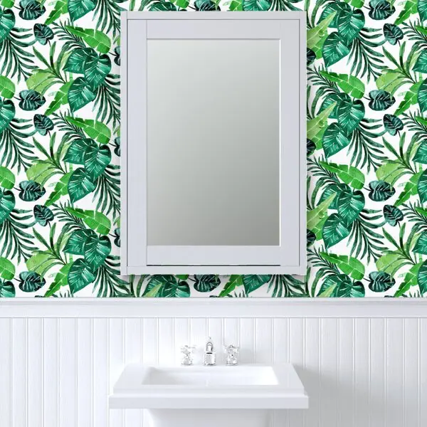 Spoonflower Tropical White Leaves Palm Monstera Jungle Custom Pre-pasted Wallpaper