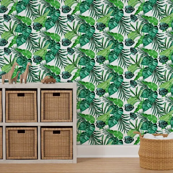Spoonflower Tropical White Leaves Palm Monstera Jungle Custom Pre-pasted Wallpaper