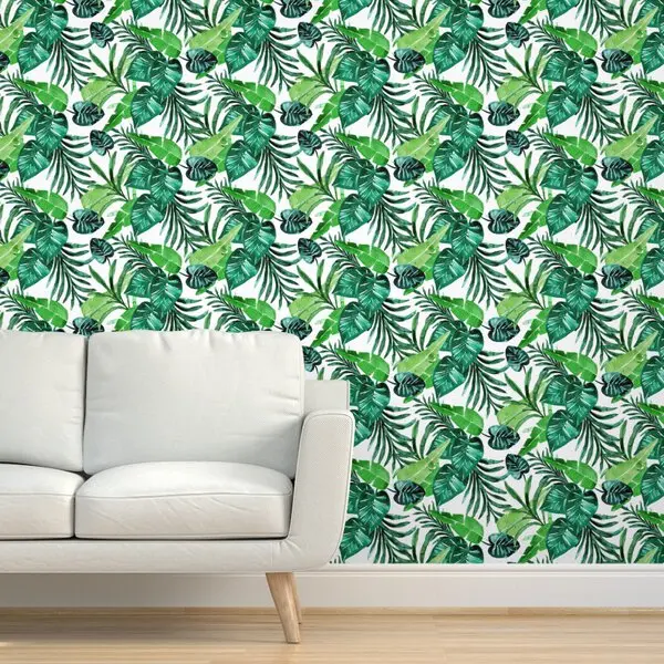 Spoonflower Tropical White Leaves Palm Monstera Jungle Custom Pre-pasted Wallpaper