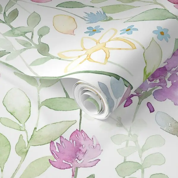 Spoonflower Pink White Green Flowers Summer Meadow Watercolor Custom Removable Wallpaper - Green,purple,gray