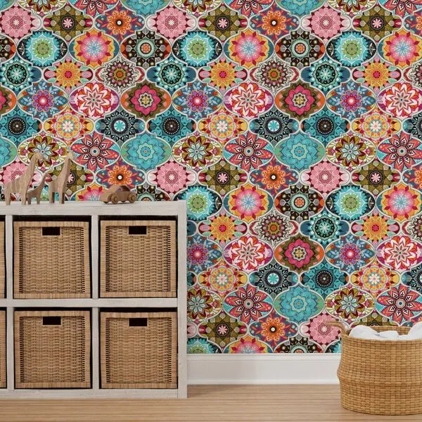 Spoonflower Geometric Ornament Multicolored Flowerpower Custom Pre-pasted Wallpaper
