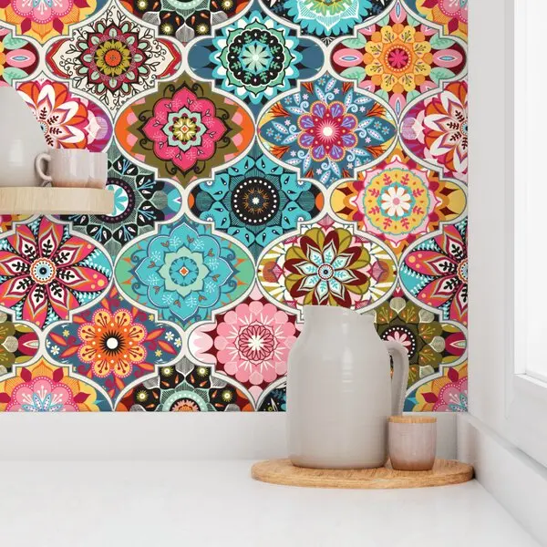Spoonflower Geometric Ornament Multicolored Flowerpower Custom Pre-pasted Wallpaper