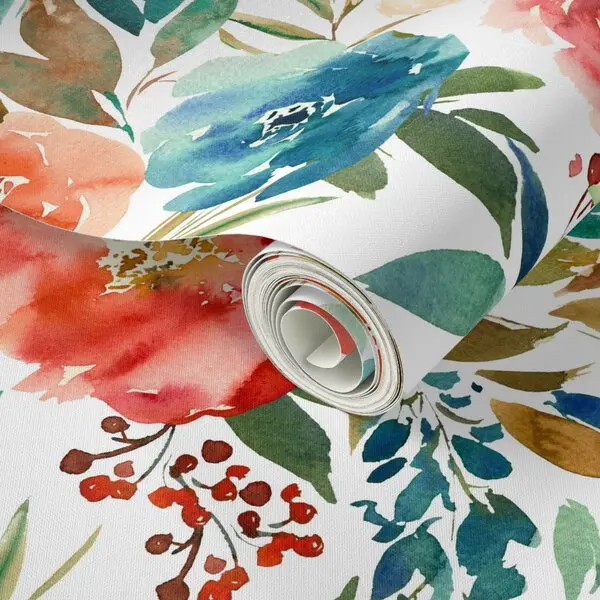 Spoonflower Flower Flowers Teal Red Nature Colorful Summer Custom Pre-pasted Wallpaper - Blue,gray,orange