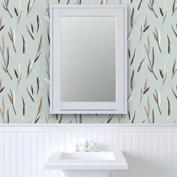 Spoonflower Cream Blue Leaves Brown Nature Scattered Custom Pre-pasted Wallpaper