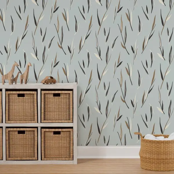 Spoonflower Cream Blue Leaves Brown Nature Scattered Custom Pre-pasted Wallpaper