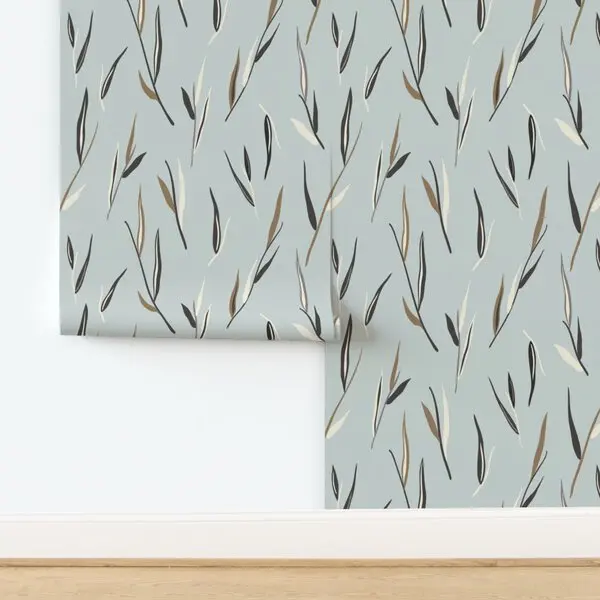 Spoonflower Cream Blue Leaves Brown Nature Scattered Custom Pre-pasted Wallpaper