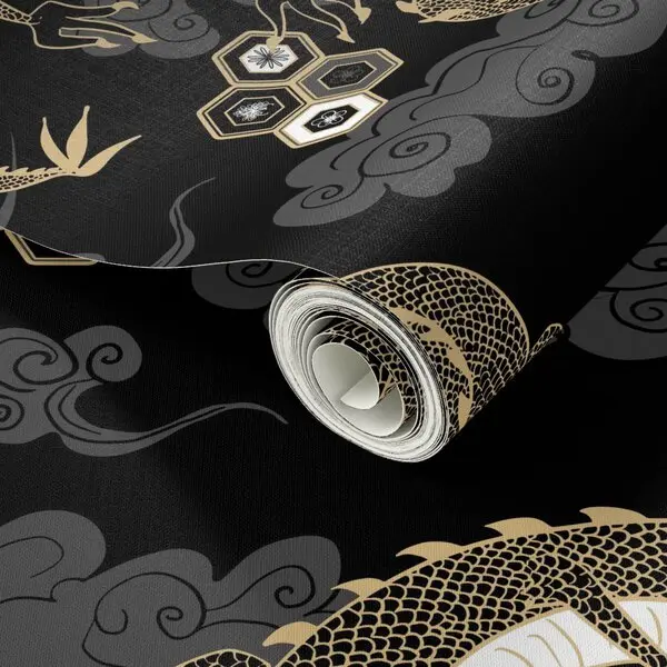 Spoonflower Black Grey Gold Japanese Dragon Fantasy Custom Removable Wallpaper - Gray,beige,brown