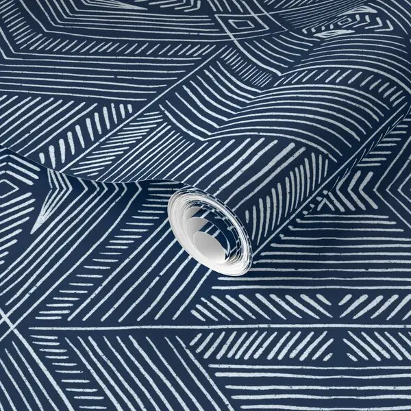 Spoonflower Painterly Mudcloth Classic Custom Pre-pasted Wallpaper - Blue