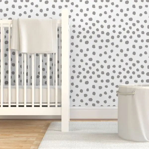 Spoonflower Grey Dots Nursery Painted Custom Pre-pasted Wallpaper - Gray,white,red