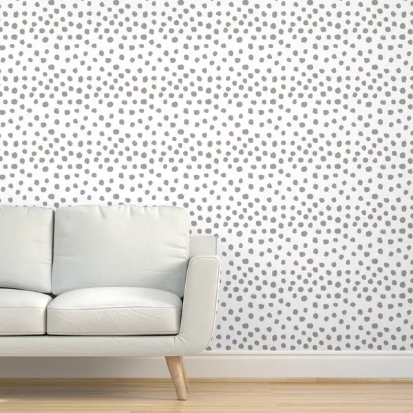 Spoonflower Grey Dots Nursery Painted Custom Pre-pasted Wallpaper - Gray,white,red