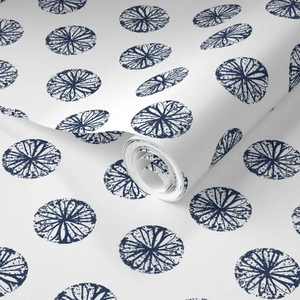 Spoonflower Sunburst Indigo Sea Urchin Ocean Custom Pre-pasted Wallpaper - Blue,gray