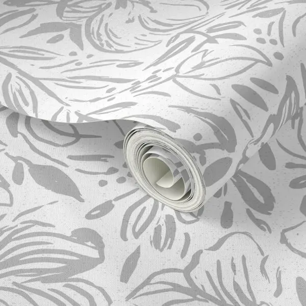Spoonflower White Flowers Leaves Grey Background Custom Pre-pasted Wallpaper - White,gray
