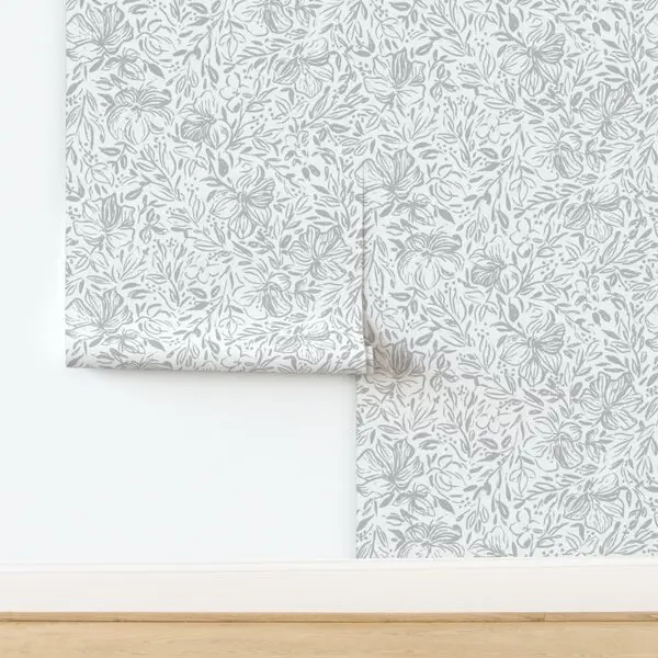 Spoonflower White Flowers Leaves Grey Background Custom Pre-pasted Wallpaper