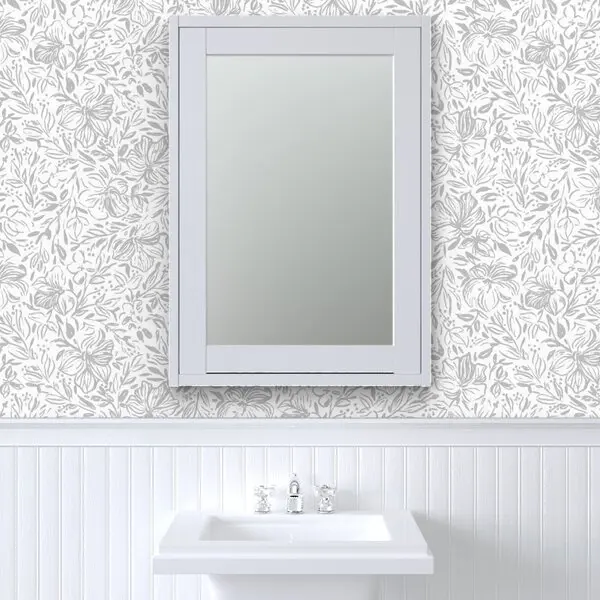 Spoonflower White Flowers Leaves Grey Background Custom Pre-pasted Wallpaper
