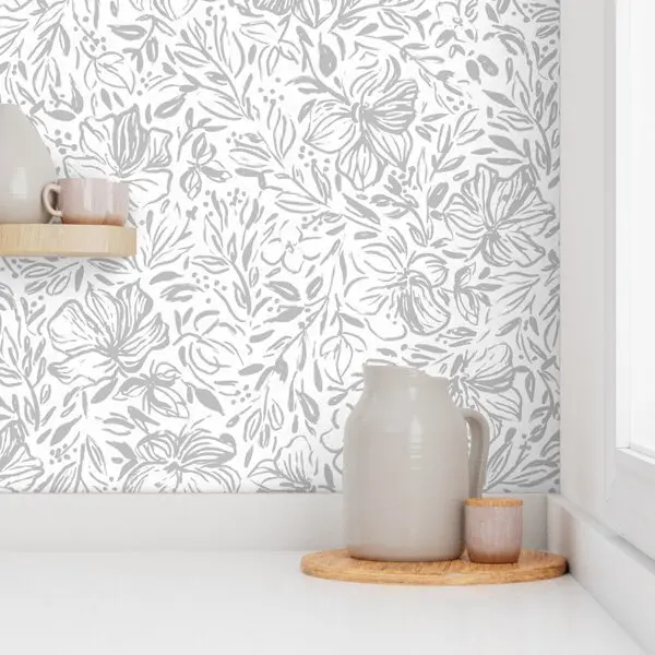Spoonflower White Flowers Leaves Grey Background Custom Pre-pasted Wallpaper