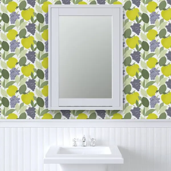 Spoonflower Green Leaves Purple Fruit Apples Citrus Summer Custom Pre-pasted Wallpaper - Green,purple