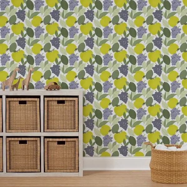 Spoonflower Green Leaves Purple Fruit Apples Citrus Summer Custom Pre-pasted Wallpaper - Green,purple