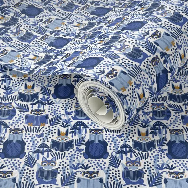 Spoonflower Blue Yellow Owl Bear Fox Mustard Glasses Custom Pre-pasted Wallpaper