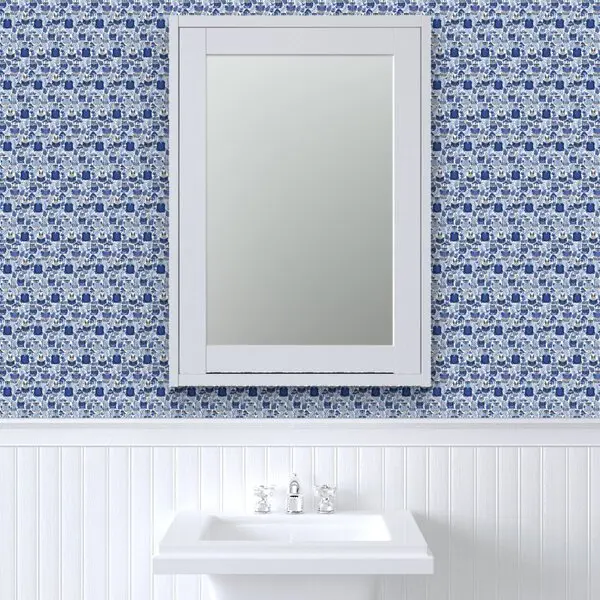 Spoonflower Blue Yellow Owl Bear Fox Mustard Glasses Custom Pre-pasted Wallpaper