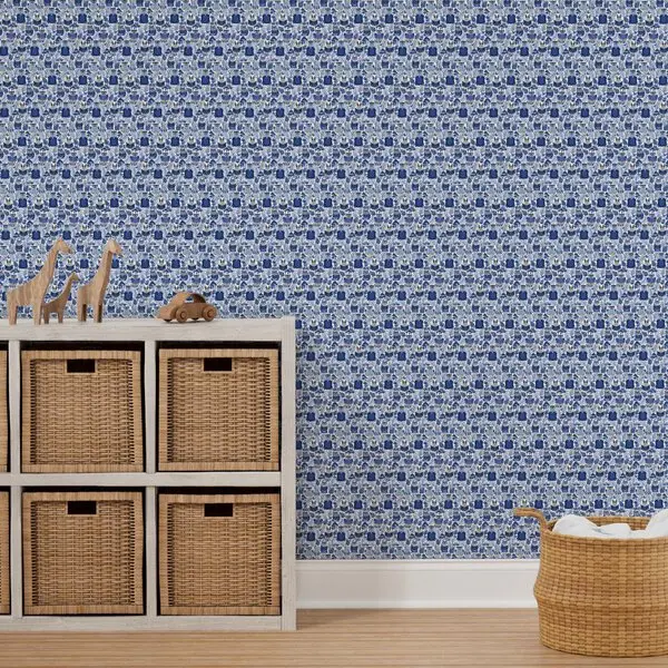 Spoonflower Blue Yellow Owl Bear Fox Mustard Glasses Custom Pre-pasted Wallpaper