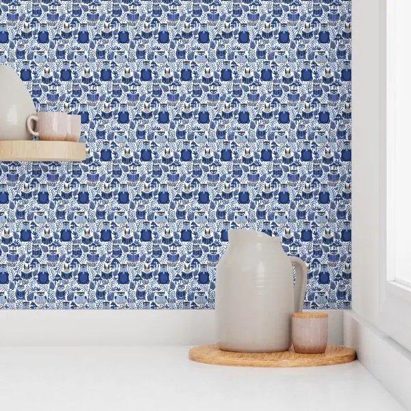 Spoonflower Blue Yellow Owl Bear Fox Mustard Glasses Custom Pre-pasted Wallpaper