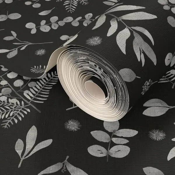 Spoonflower Australian Flora Wattle Eucalyptus Silver 100% Natural Sisal Grasscloth Wallcovering - Black,white,gray