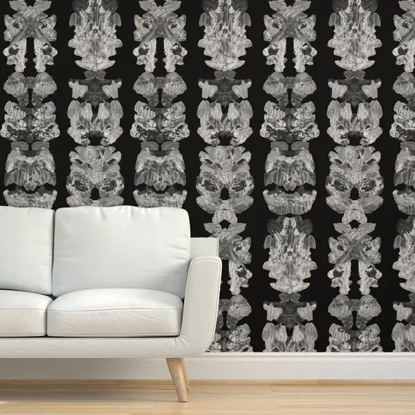 Spoonflower Black And Inkblot Monochromatic Mirrored 100% Natural Sisal Grasscloth Wallcovering - White