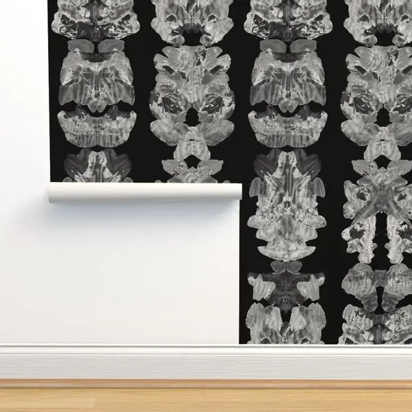 Spoonflower Black And Inkblot Monochromatic Mirrored 100% Natural Sisal Grasscloth Wallcovering - White