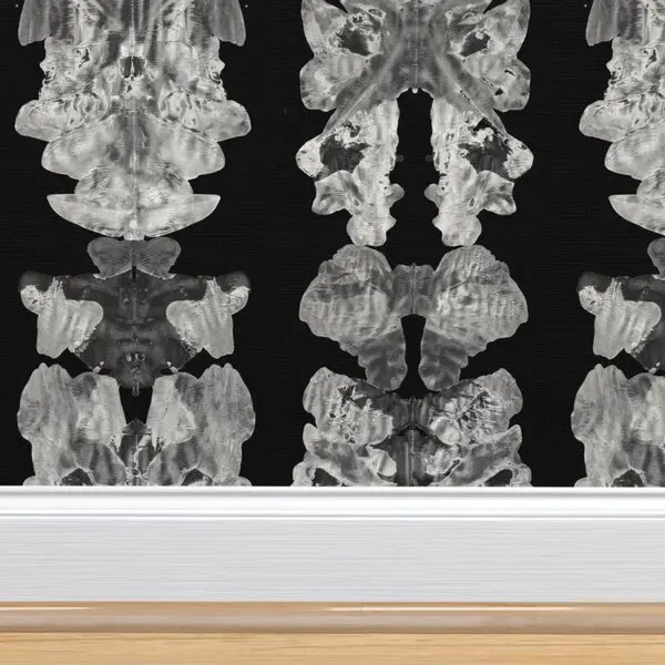 Spoonflower Black And Inkblot Monochromatic Mirrored 100% Natural Sisal Grasscloth Wallcovering - White