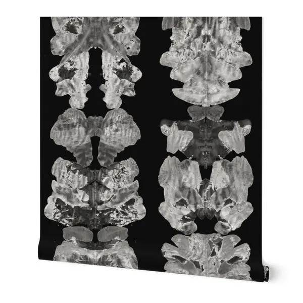 Spoonflower Black And Inkblot Monochromatic Mirrored 100% Natural Sisal Grasscloth Wallcovering - White