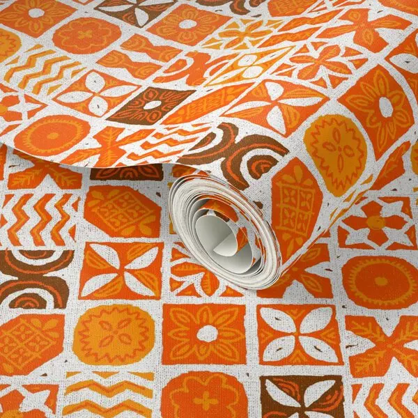 Spoonflower Beach Tropical Hawaii Barkcloth Tiki Aloha Tapa Traditional Wallpaper - Orange,gray,brown