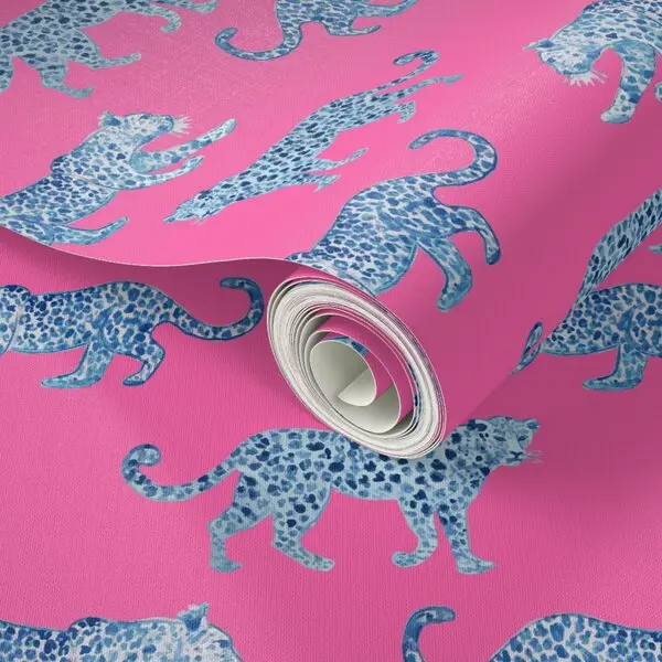 Spoonflower Leopard Parade Blue On Hot Pink Custom Removable Wallpaper - Pink,blue