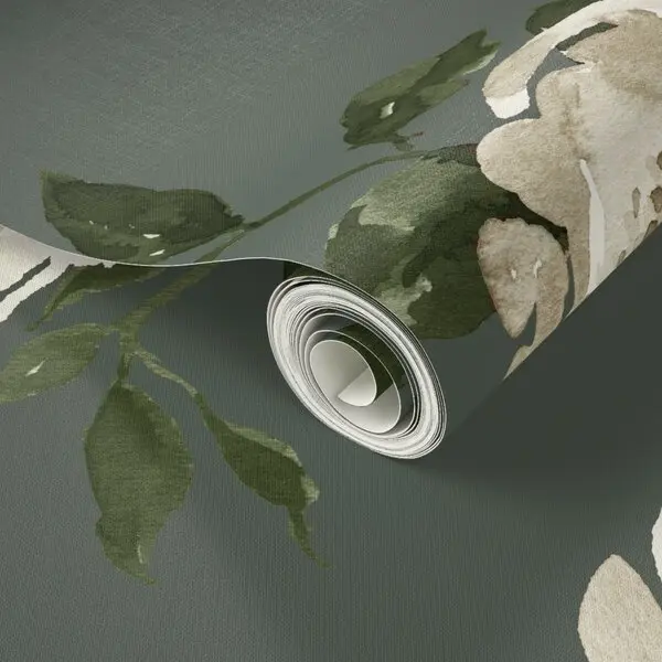 Spoonflower Green Flowers Floral Taupe Roses Camouflage Custom Pre-pasted Wallpaper - Gray,green,beige