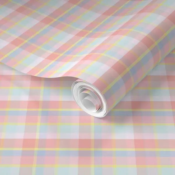 Spoonflower Yellow Plaid Pastel Yoga Pinkish Custom Pre-pasted Wallpaper - Pink,gray,brown