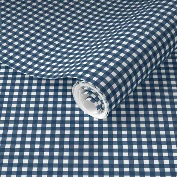 Spoonflower White Stripe Plaid Geometric Gingham Grid Navy Custom Pre-pasted Wallpaper - White,navy,blue