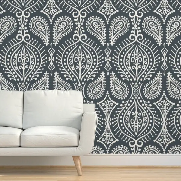 Spoonflower Marrakech Paisley Slate Jumbo Scale 100% Natural Sisal Grasscloth Wallcovering - Blue,grey
